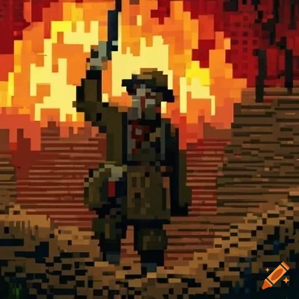 Pixel art of a zombie soldier shooting fire in a trench on Craiyon