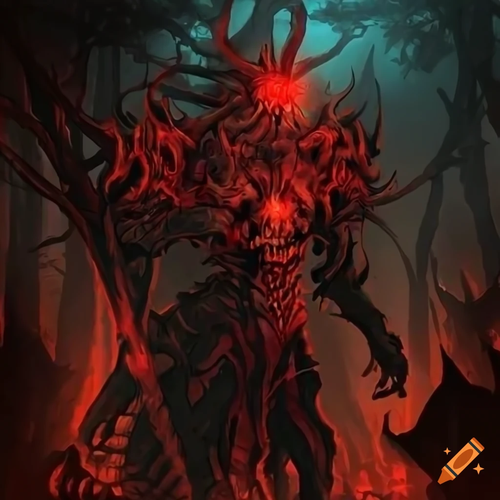 Dark fantasy artwork of a demon skull knight in the forest on Craiyon