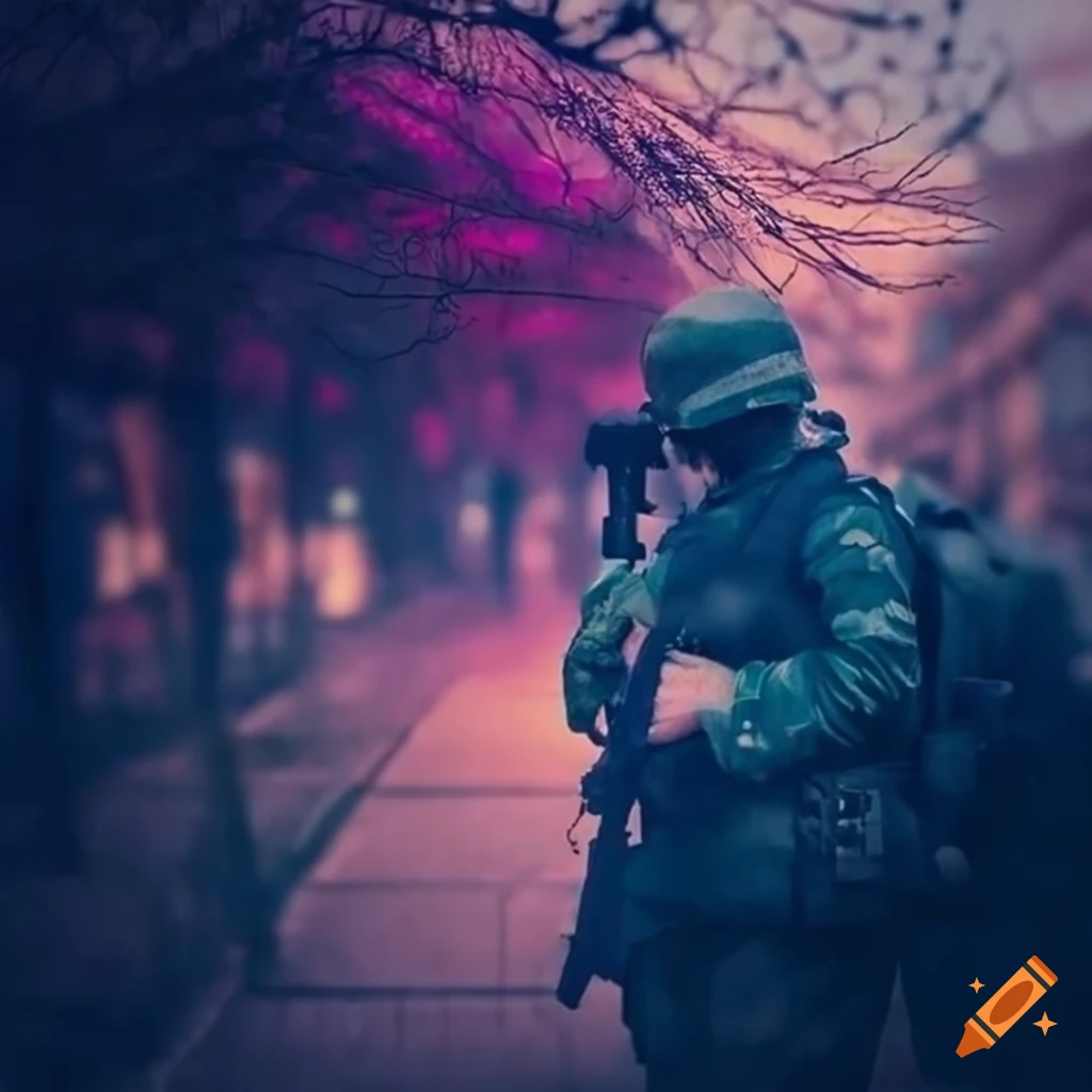 Soldier blending into a floral cityscape artwork