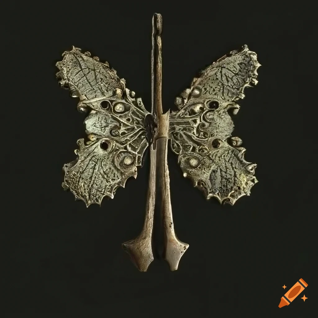 Surreal artwork of a corroded bronze butterfly axe in a forest