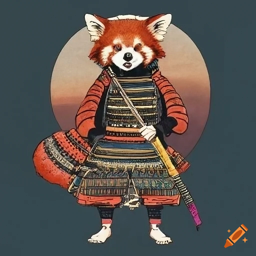 Red panda samurai in ukiyo-e style
