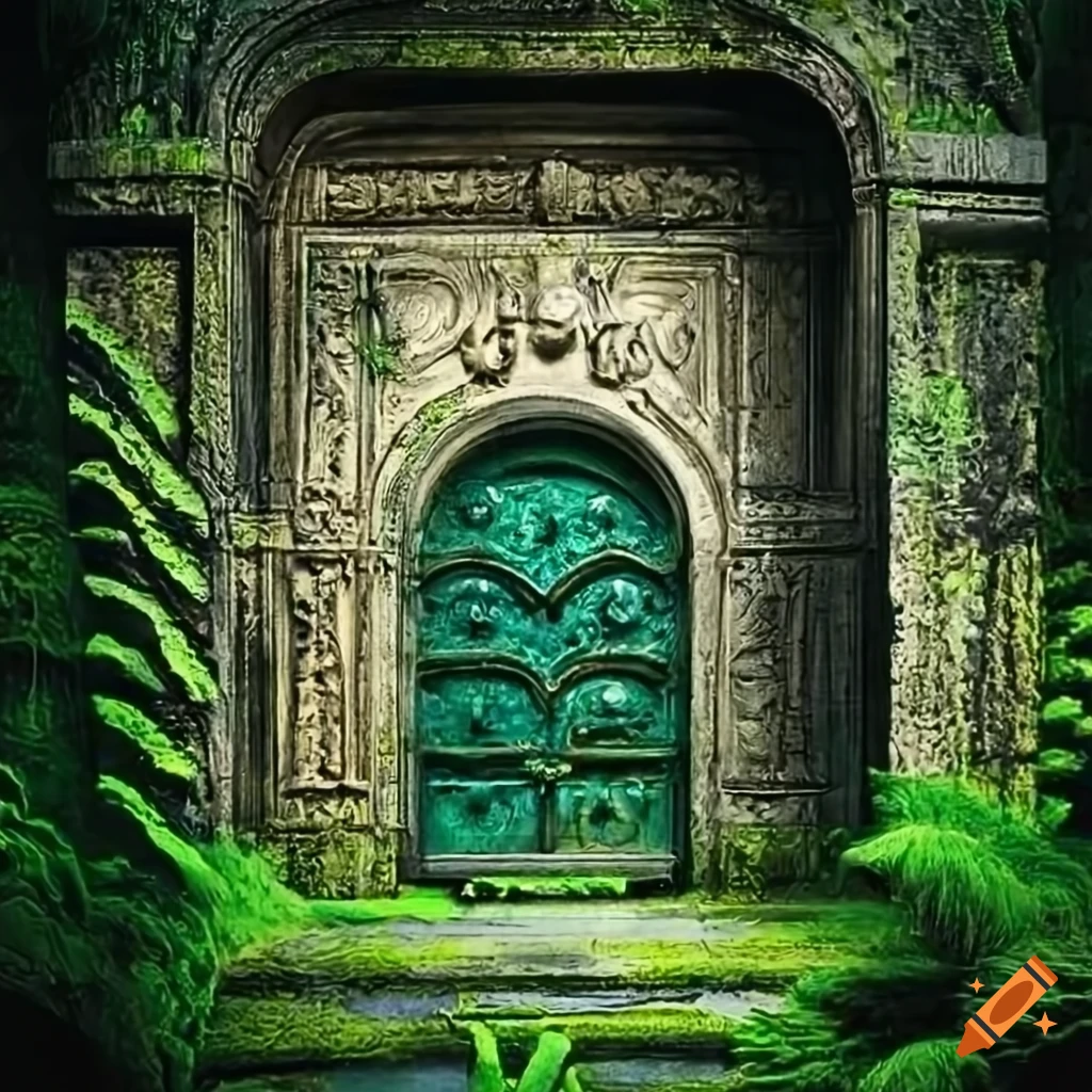 Entrance to ancient weathered alien temple in dense overgrown forest on an alien planet on Craiyon