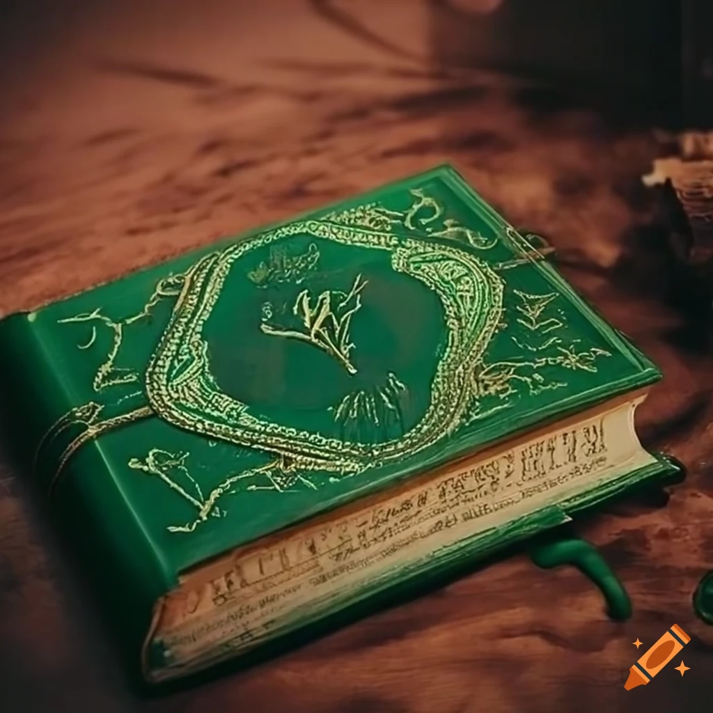 Intricately decorated green magical tome with fictional creature ...