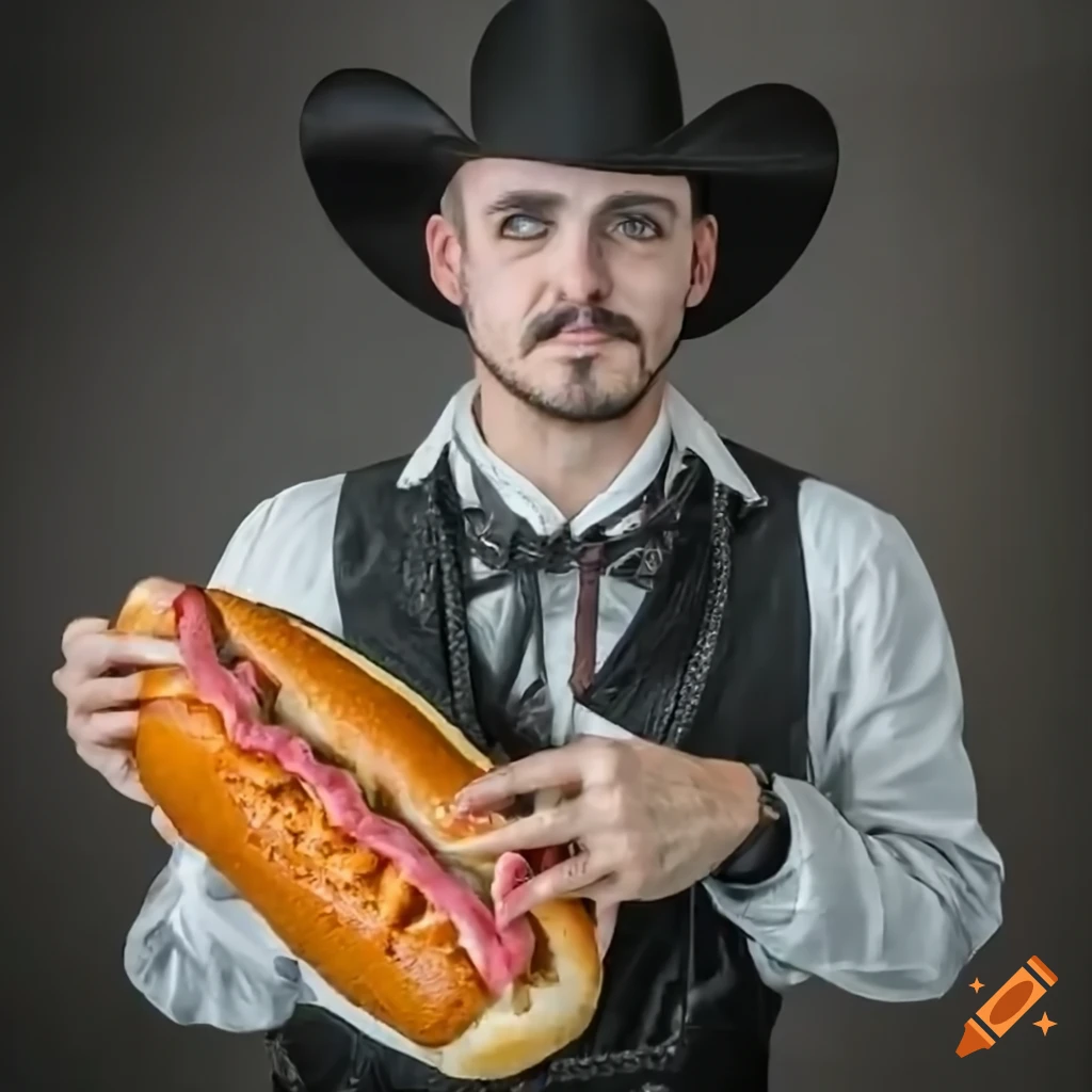 Gothic cowboy holding a hotdog on Craiyon