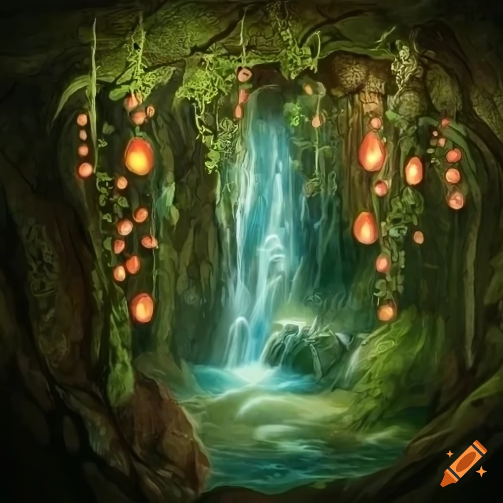 Illustration of a magical cave with glowing mushrooms and waterfalls on Craiyon