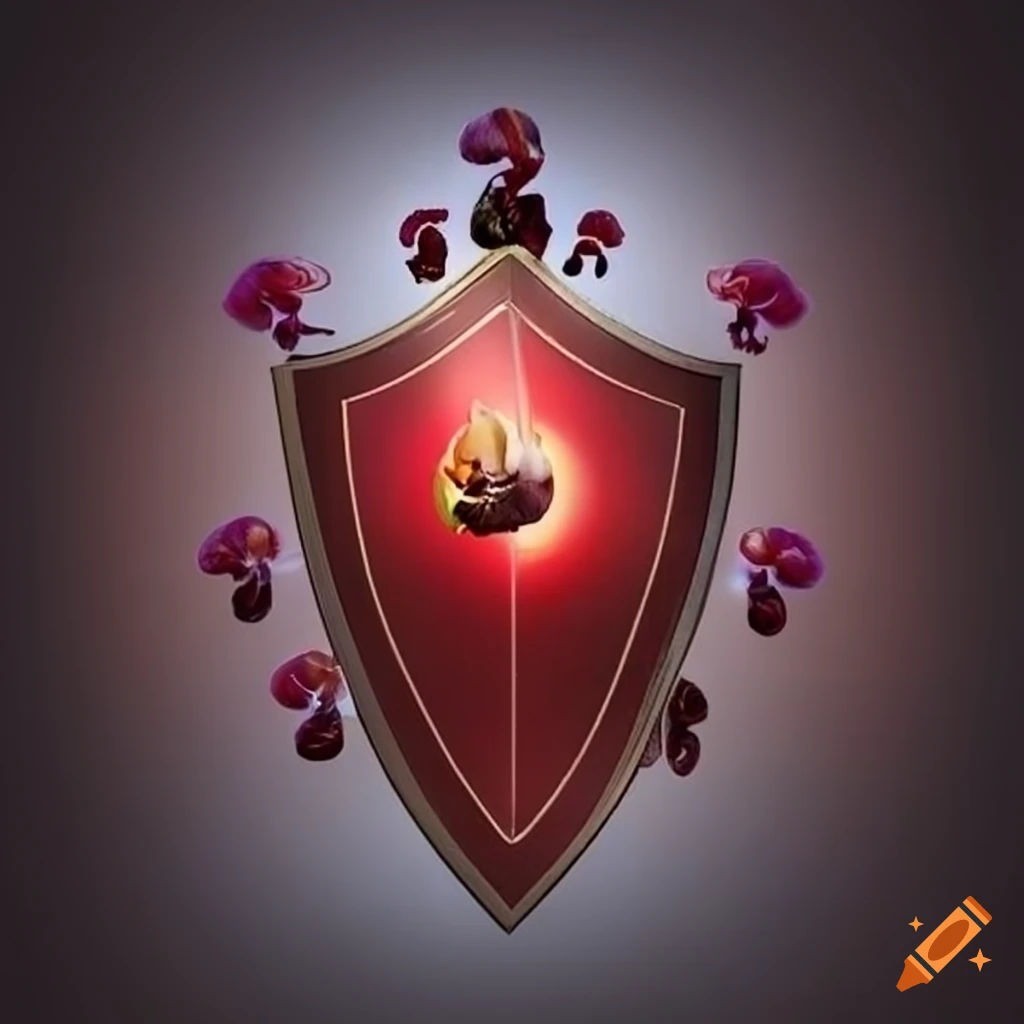 Symbolic shield with rising sun and dark red orchids