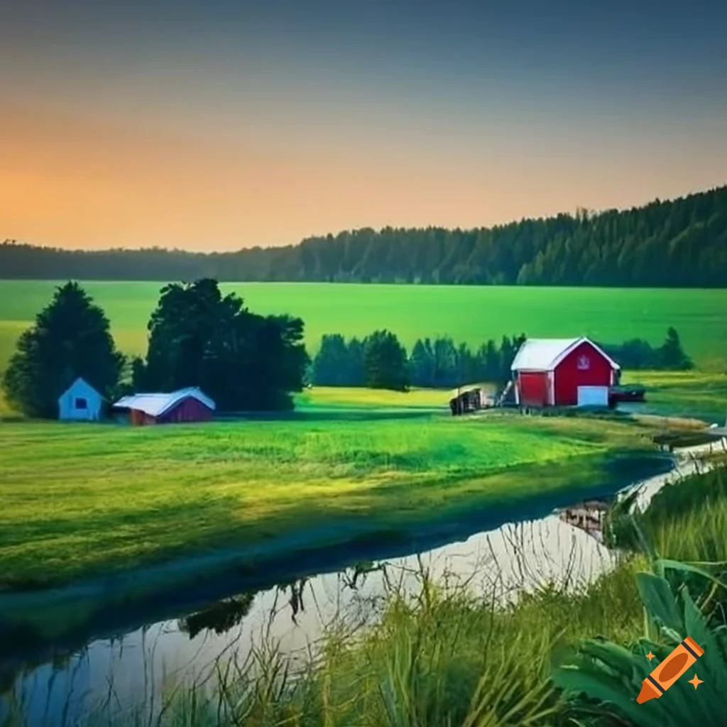 Village seen beyond a field of crops on Craiyon