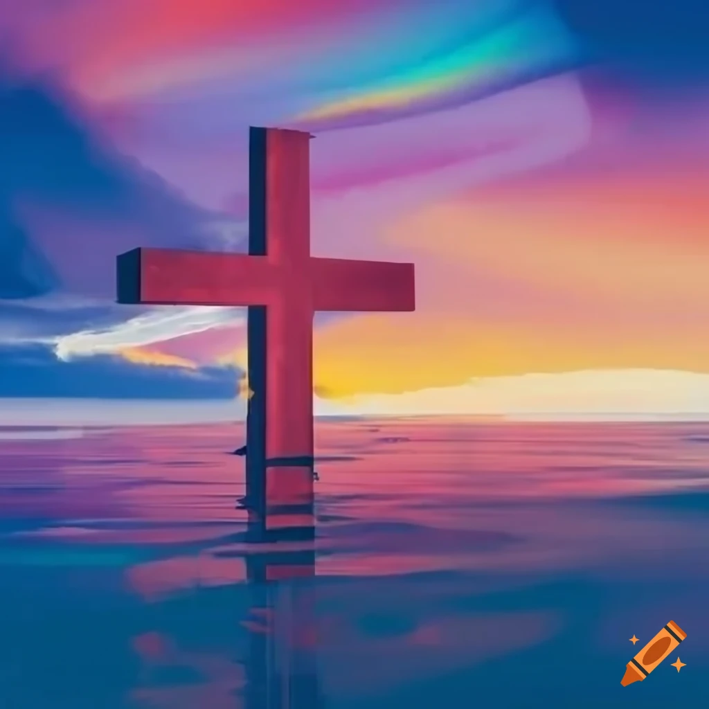 Colorful landscape with cross in the sky on Craiyon