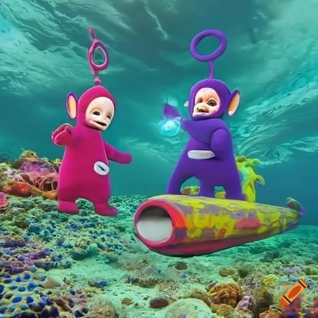 Teletubbies in a colorful submarine underwater