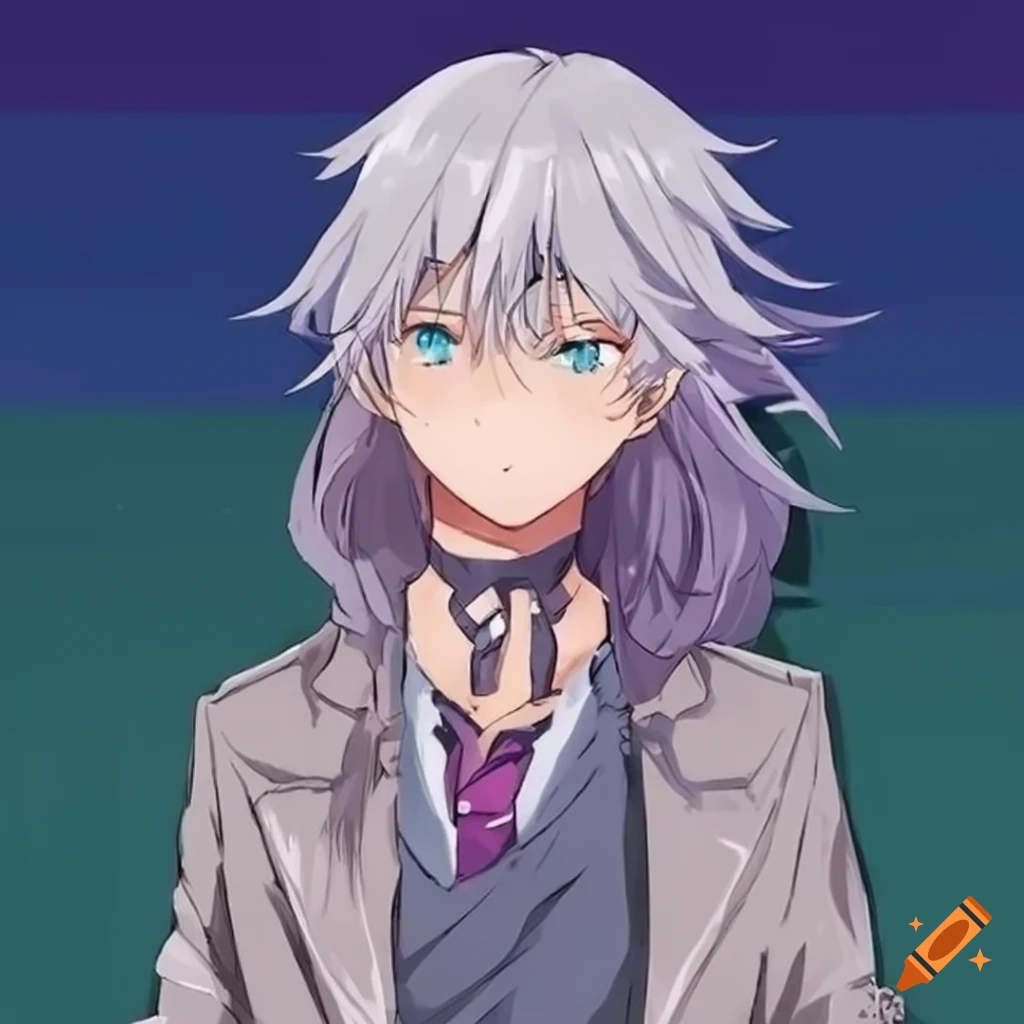 Genderless anime character with silver hair and teal eyes