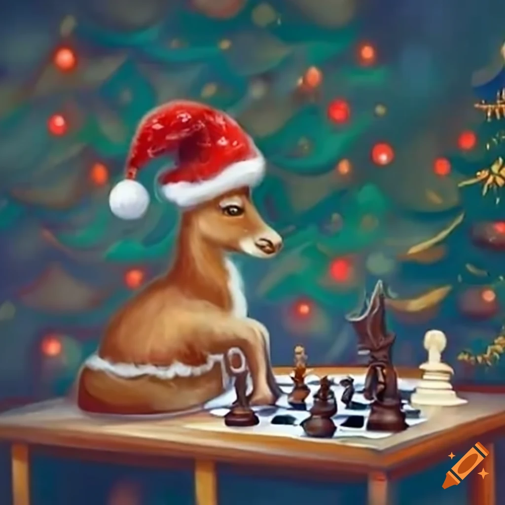 Festive reindeer playing chess in christmas setting