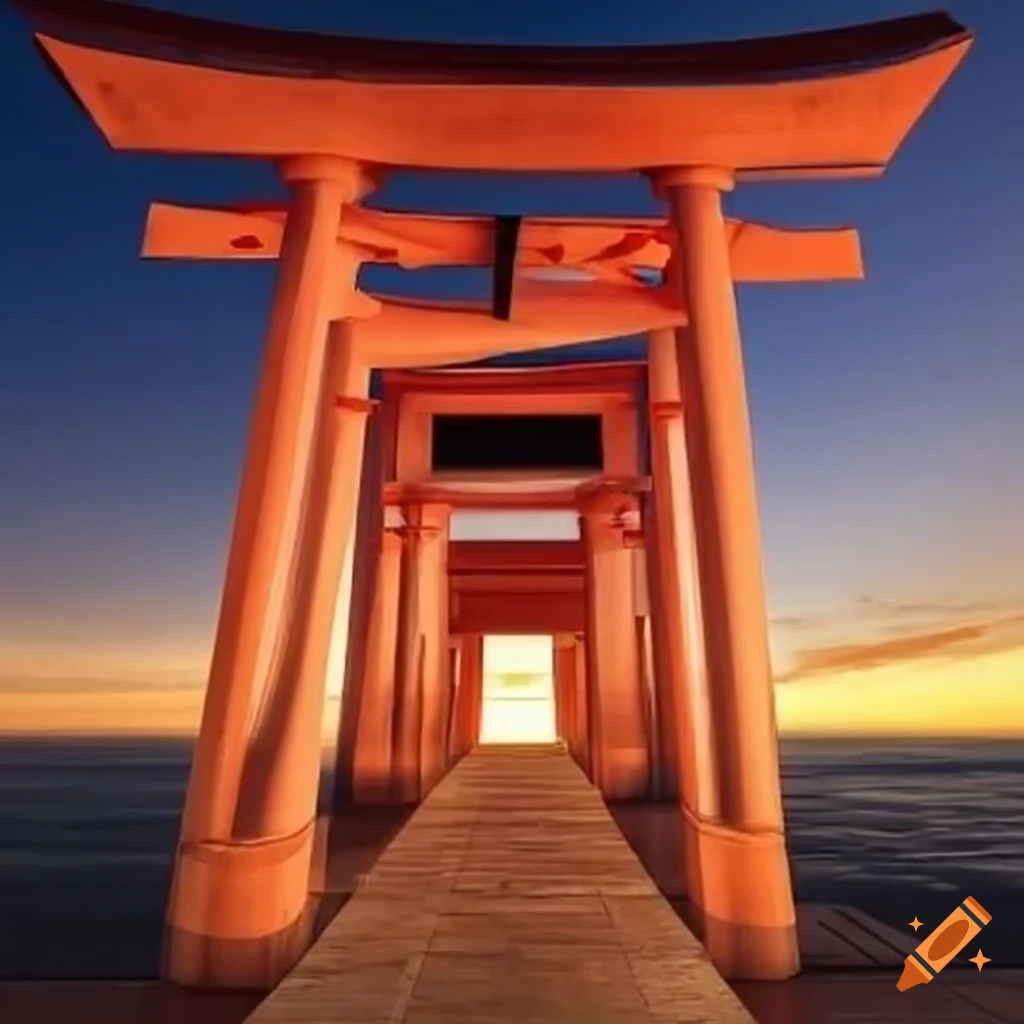 Wide angle shot of a futuristic japanese torii gate on Craiyon