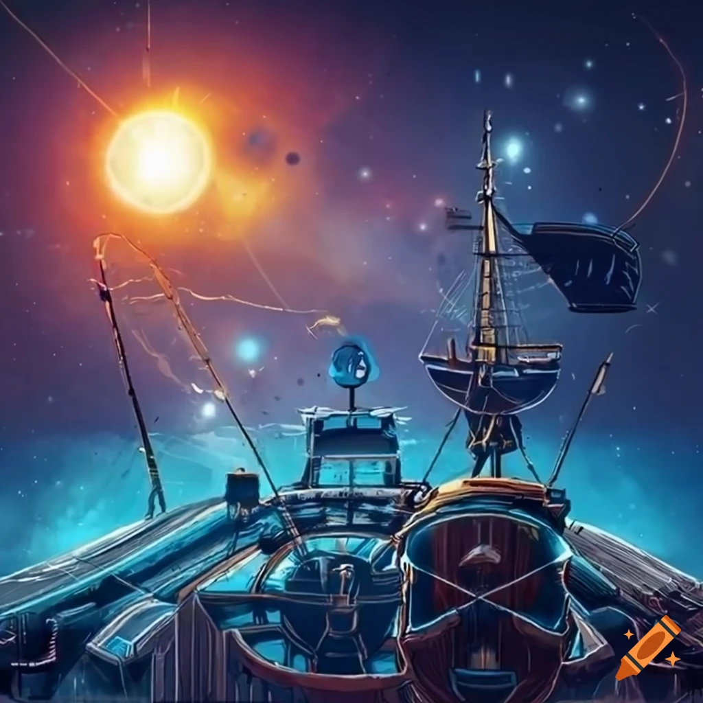 Epic space pirates illustration in futuristic ship cockpit on Craiyon