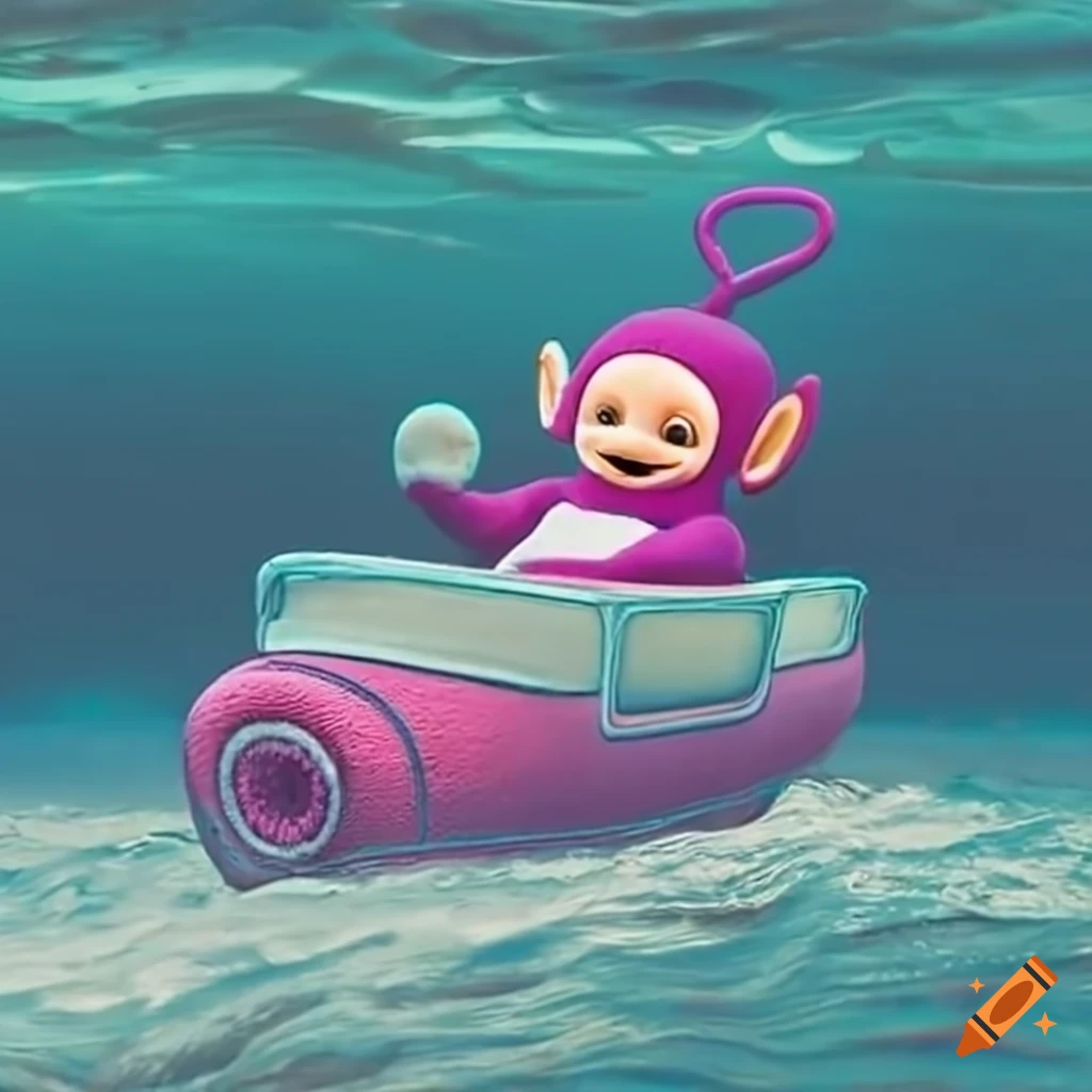 Teletubbie driving a fancy car on the sea on Craiyon