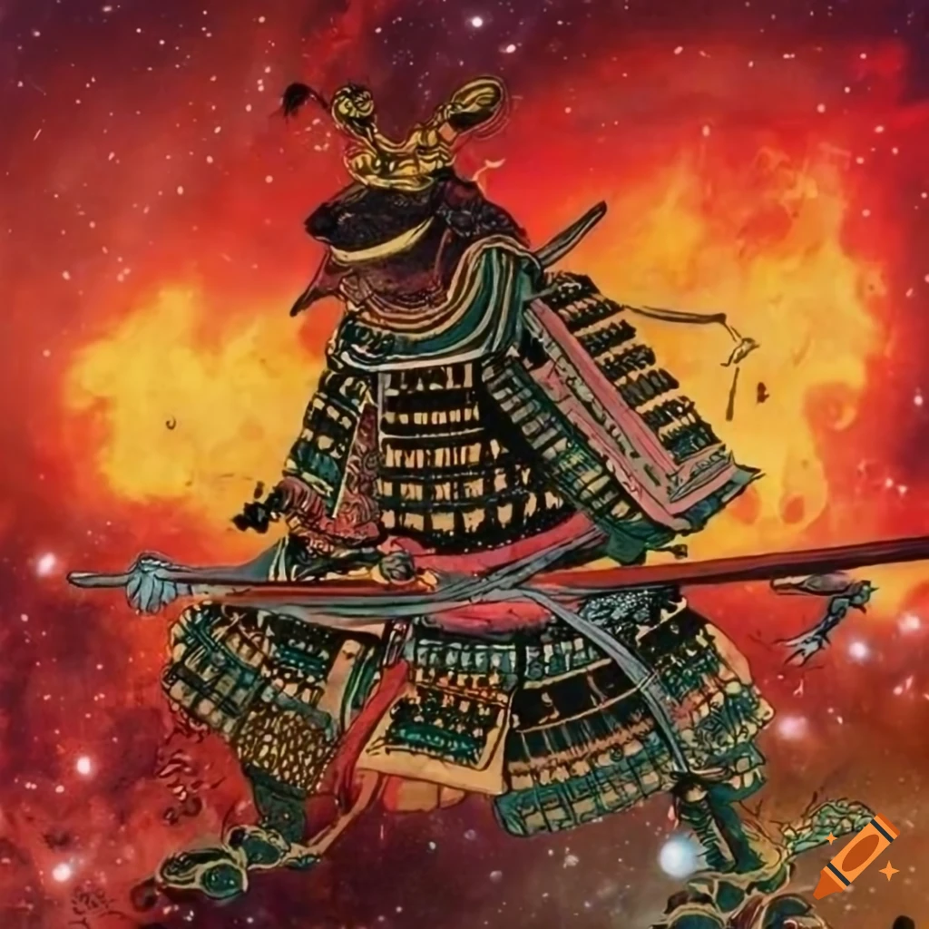 Illustration of a samurai frog emperor with frog samurai army on Craiyon