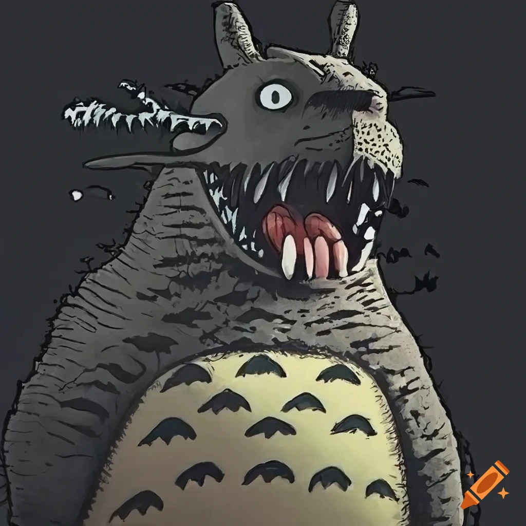 Noir graphic novel art of godzilla, totoro, and garfield