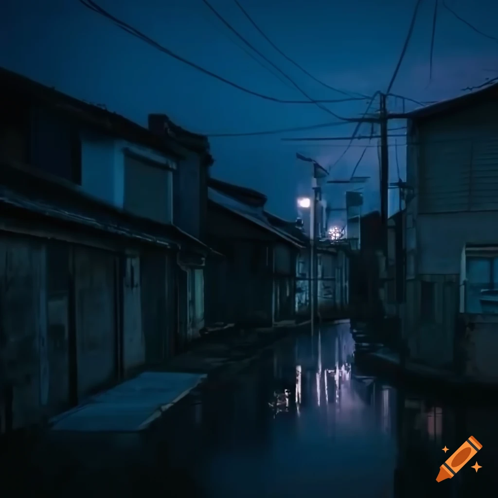 Photorealistic depiction of a run down Japanese neighborhood at night ...