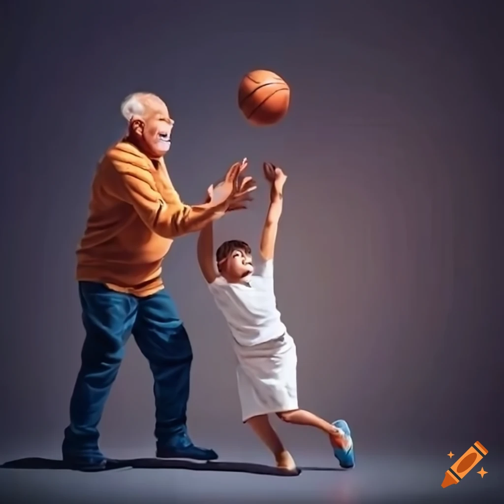 Grandpa and grandson playing basketball in living room on Craiyon