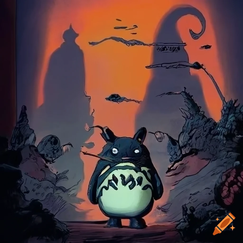 Noir graphic novel artwork of godzilla totoro and garfield on Craiyon
