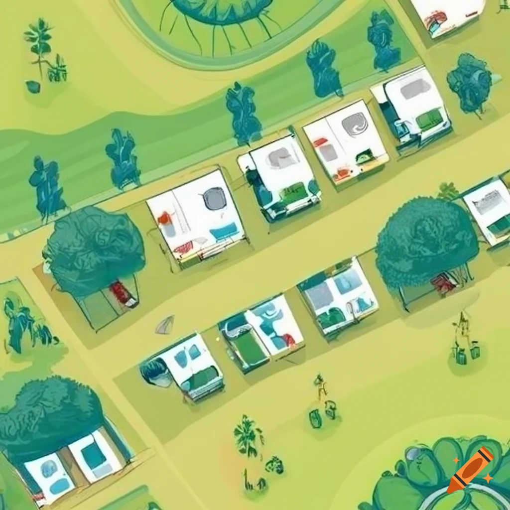 Illustration of a caravan park layout with options for accommodation on ...