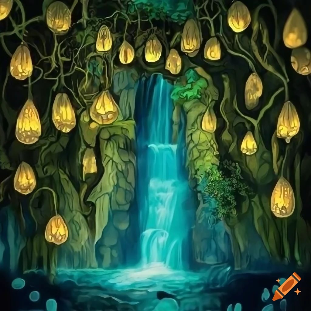 Illustration of a magical cave with glowing mushrooms and waterfalls on Craiyon