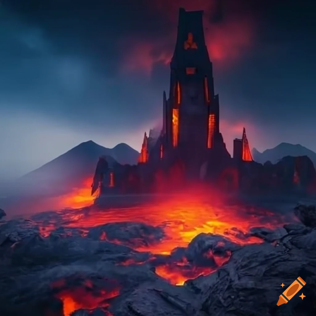 Sith castle overlooking fiery lava lake on Craiyon