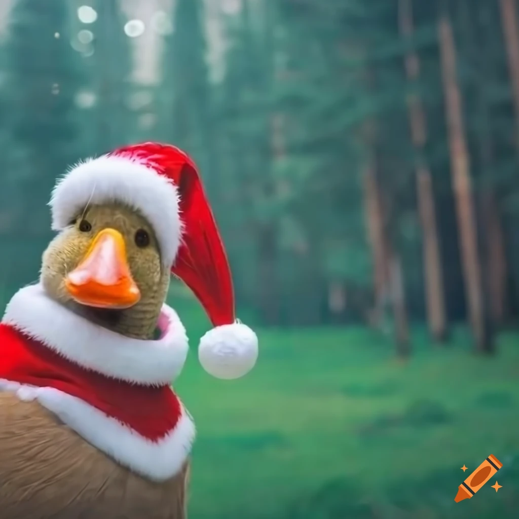 Festive duck in santa claus costume with pine tree forest backdrop on ...