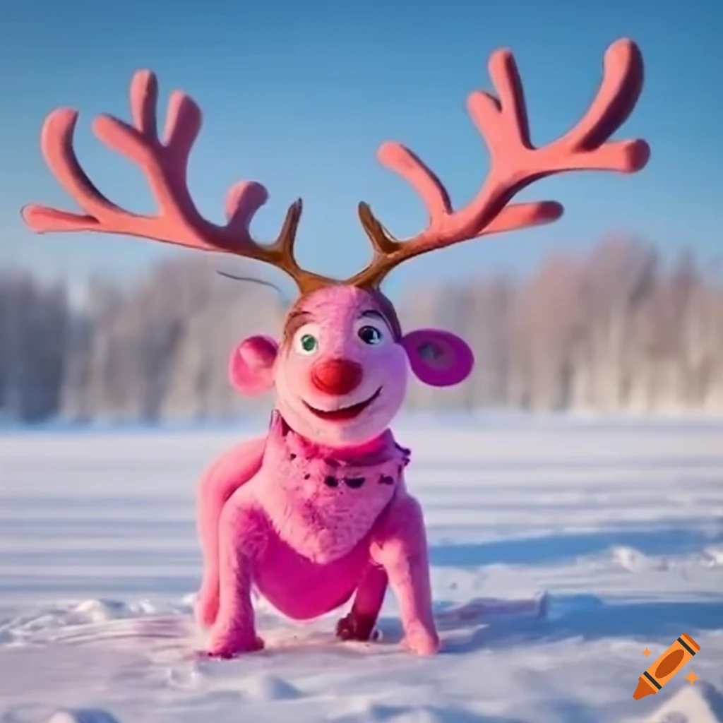 Cute pink reindeer running in a snowy field on Craiyon