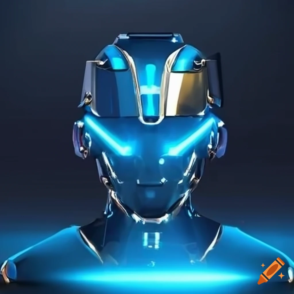 Futuristic gold robotic helmet with blue glowing visor
