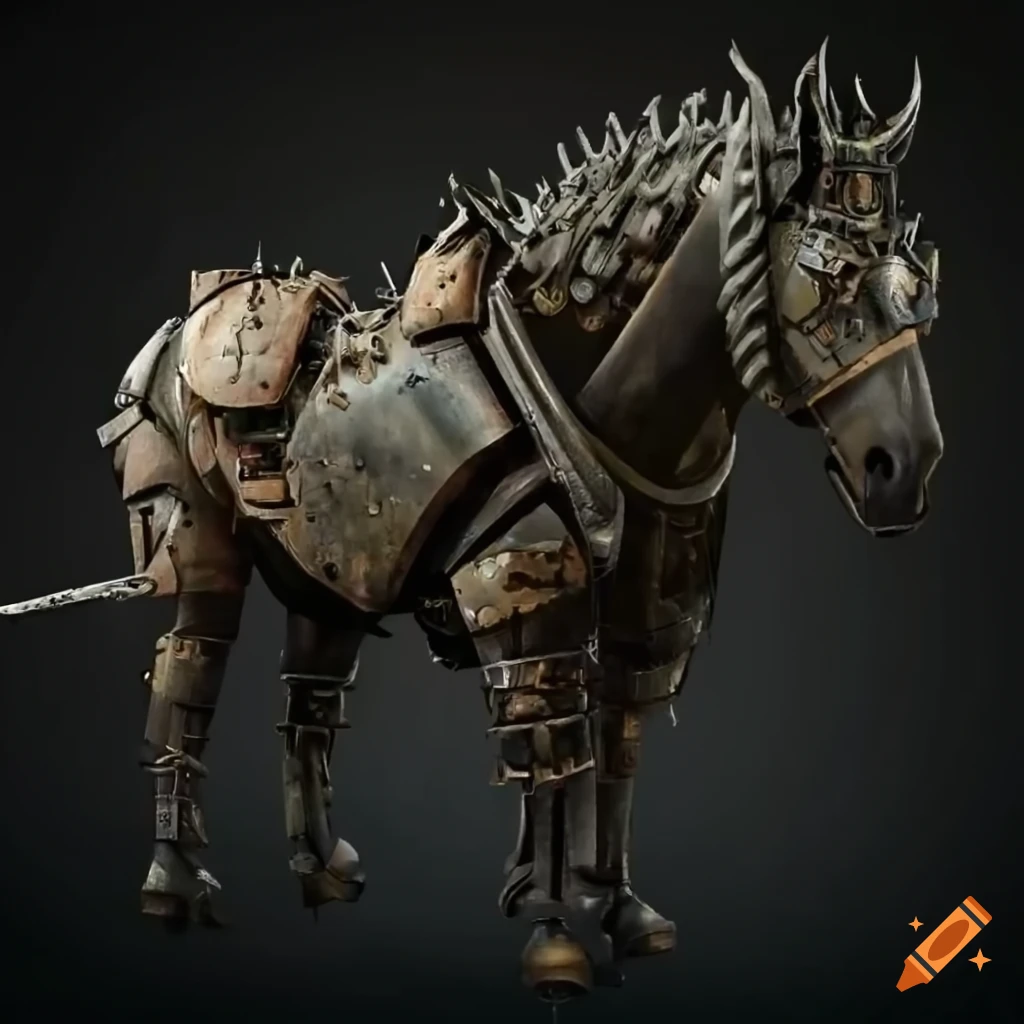 Post apocalyptic battle armour for a horse on Craiyon