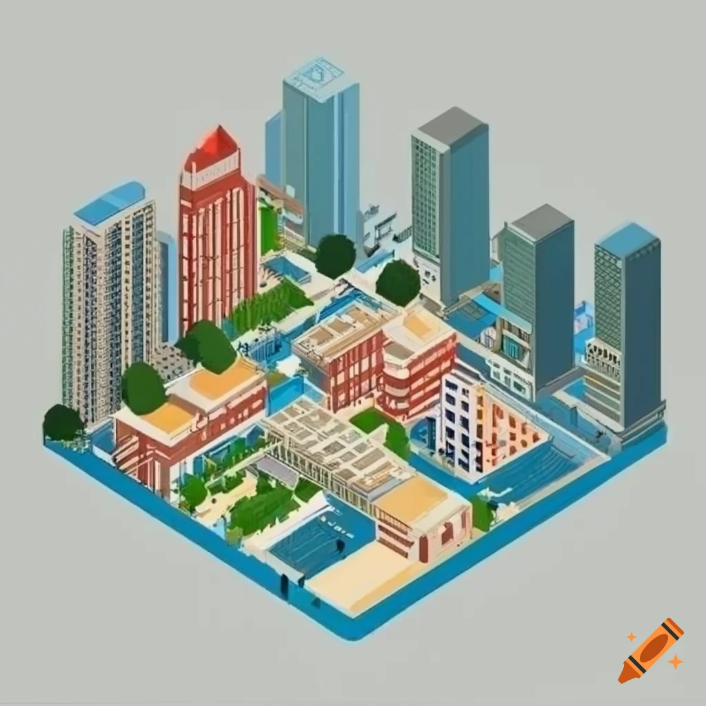 Isometric view of a modern city with beach on Craiyon