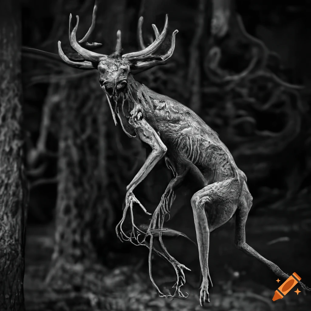 Detailed etching of a Lovecraftian stag monster on Craiyon