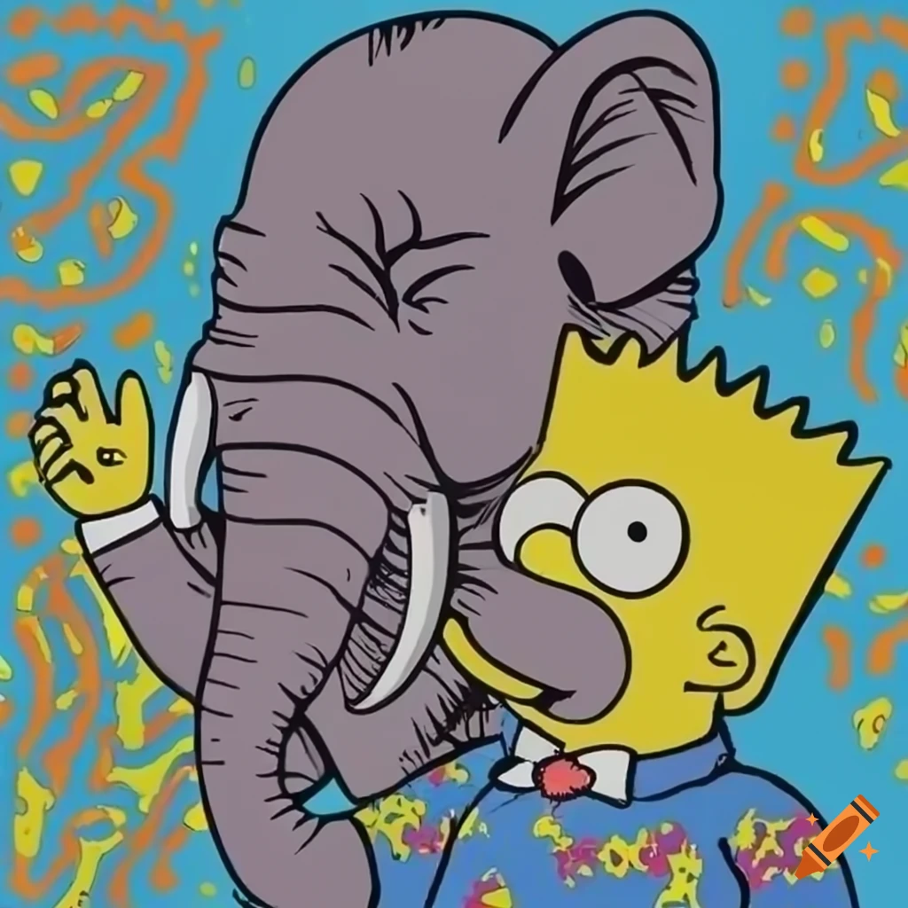 Colorful elephant illustration with bart simpson on Craiyon