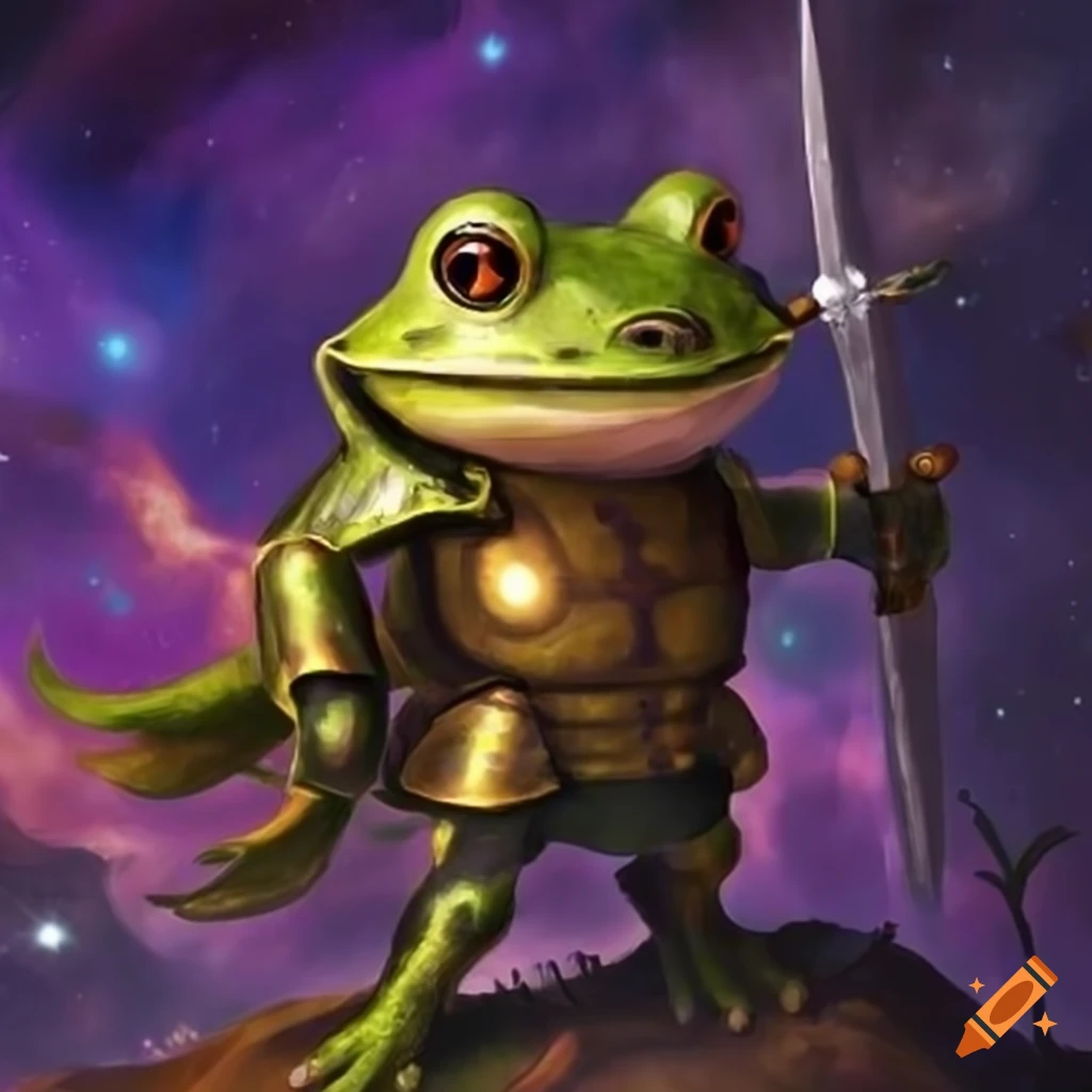 Armored frog knight with a lance riding an alligator on Craiyon