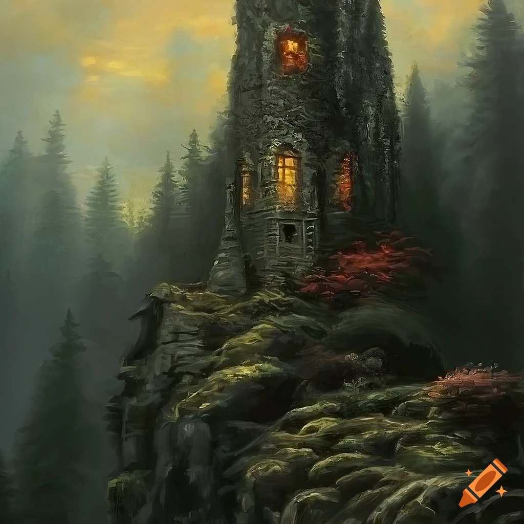 Painting of a mysterious wizard's tower in the mountains on Craiyon