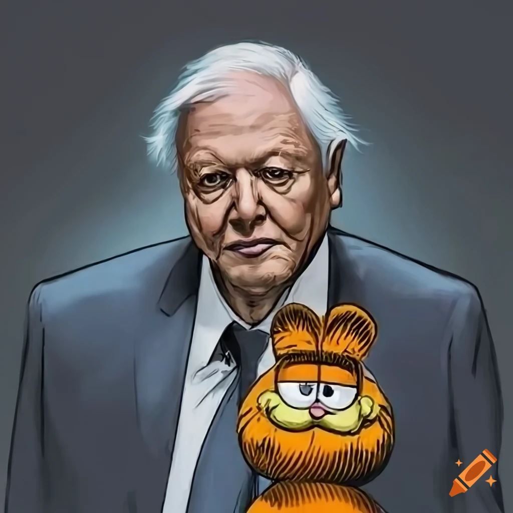 David Attenborough and Garfield in noir graphic novel style on Craiyon