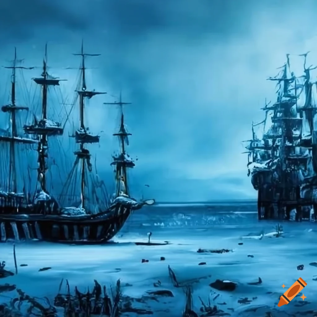 Winter fantasy image with a monster ship and zombies on Craiyon