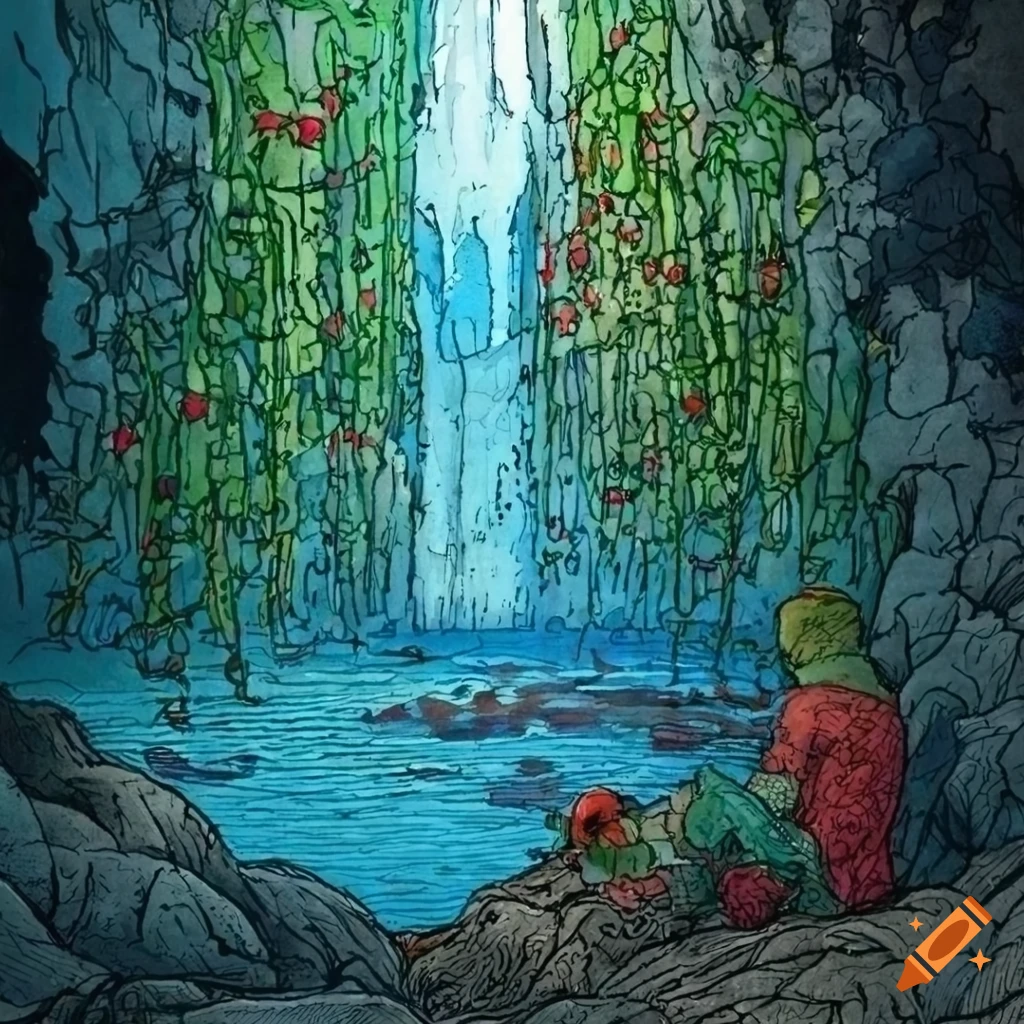 Illustration of a lush cave with glowing berries and bioluminescent ...