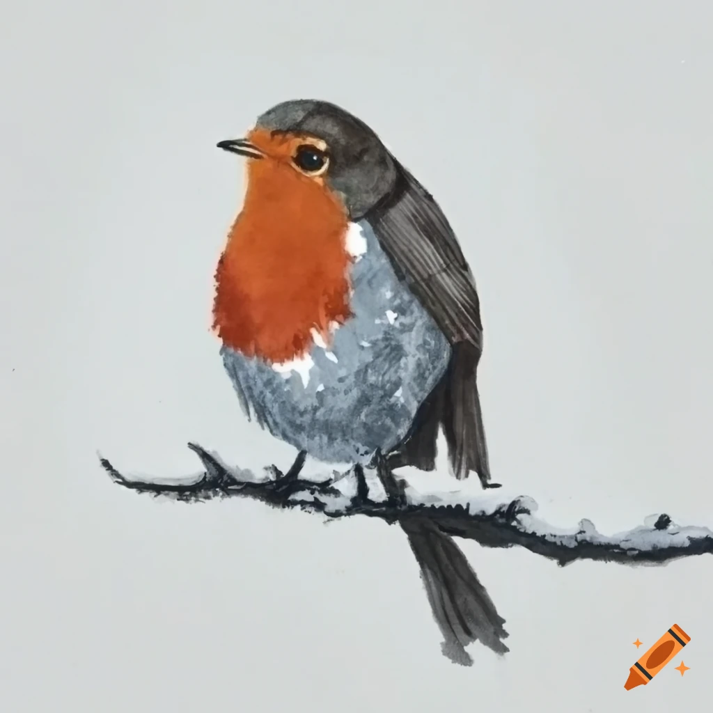 Snowy black and white sketch of a robin on a tree on Craiyon