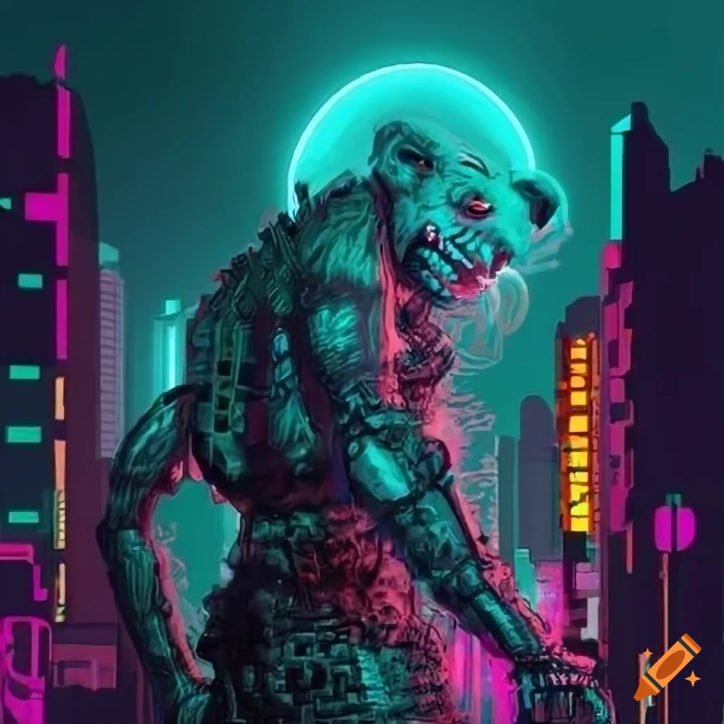 Cyberpunk style image of a cybernetically enhanced troll in a neon-lit ...