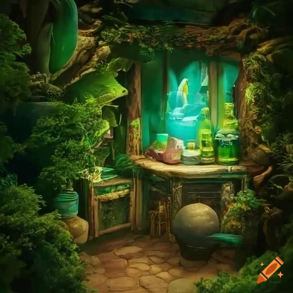 Enchanting potion shop in a lush green forest on Craiyon