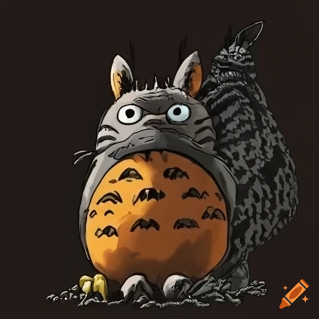 Noir graphic novel style artwork of godzilla, totoro, and garfield on ...