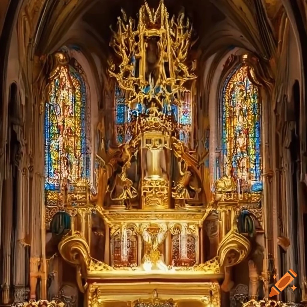 Intricate design of a clay church with gold accents on Craiyon