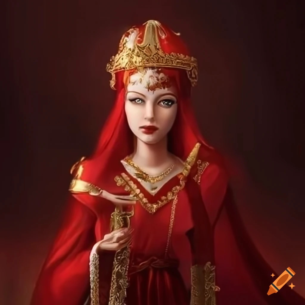 Image of a high priestess in red ceremonial dress on Craiyon