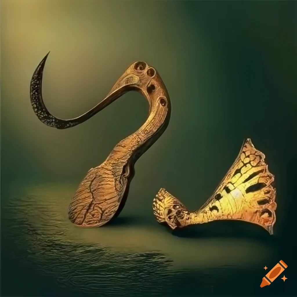 Surrealistic bronze sculpture of a corroded butterfly axe on Craiyon