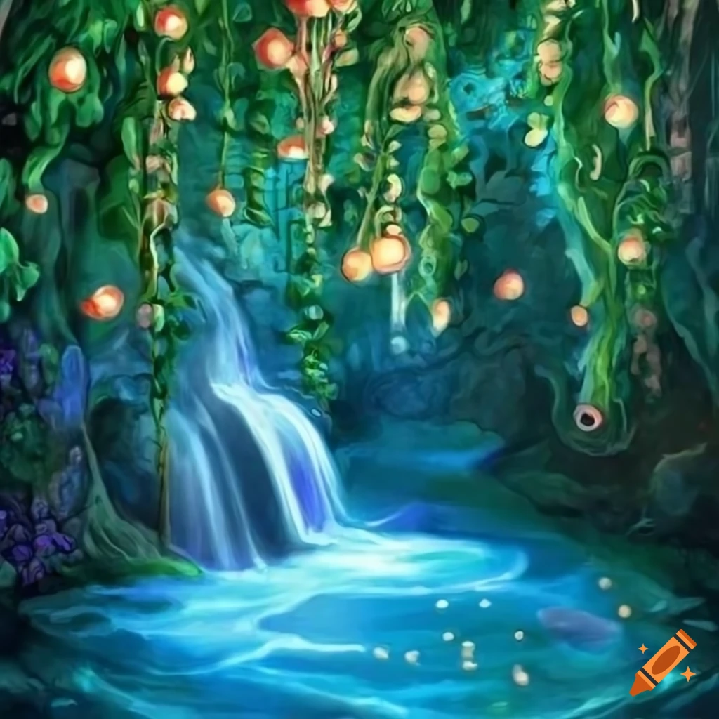 Illustration of a magical cave with glowing mushrooms and waterfalls on Craiyon
