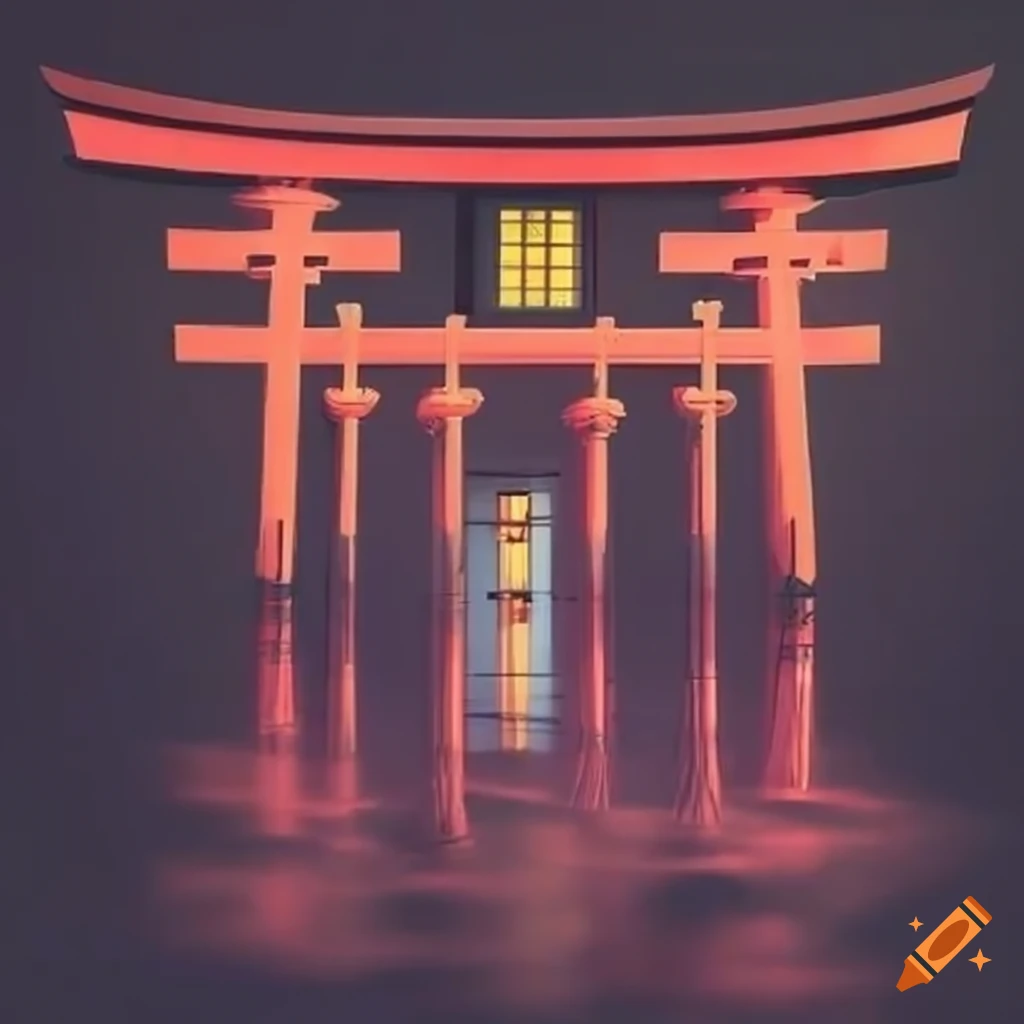 Wide angle shot of a futuristic japanese torii