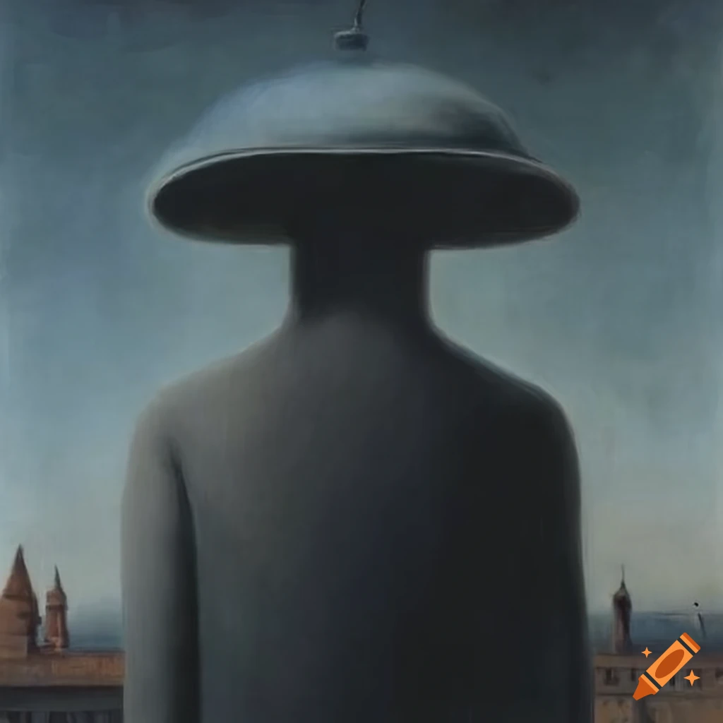 Black figure painting by rené magritte in a watercolor landscape on Craiyon