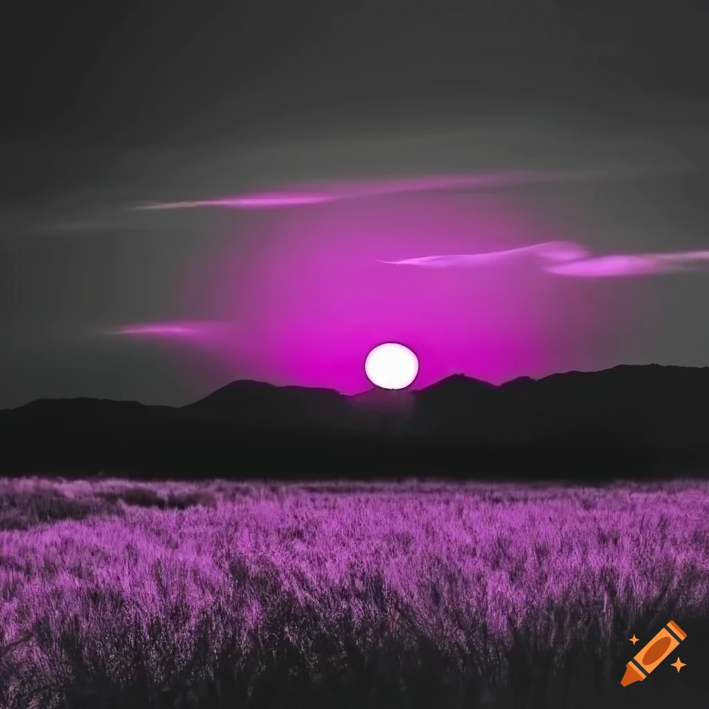 Black and white landscape with purple sun