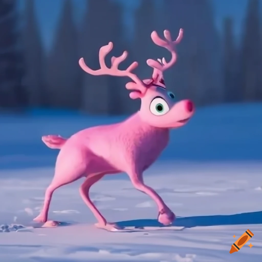 Cute pink reindeer running in a snowy field on Craiyon